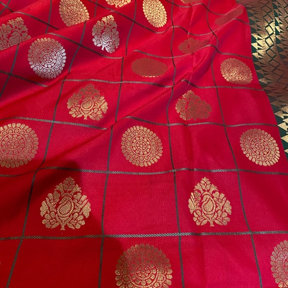 Other | Check Saree With Zari Weaving In Red | Poshmark